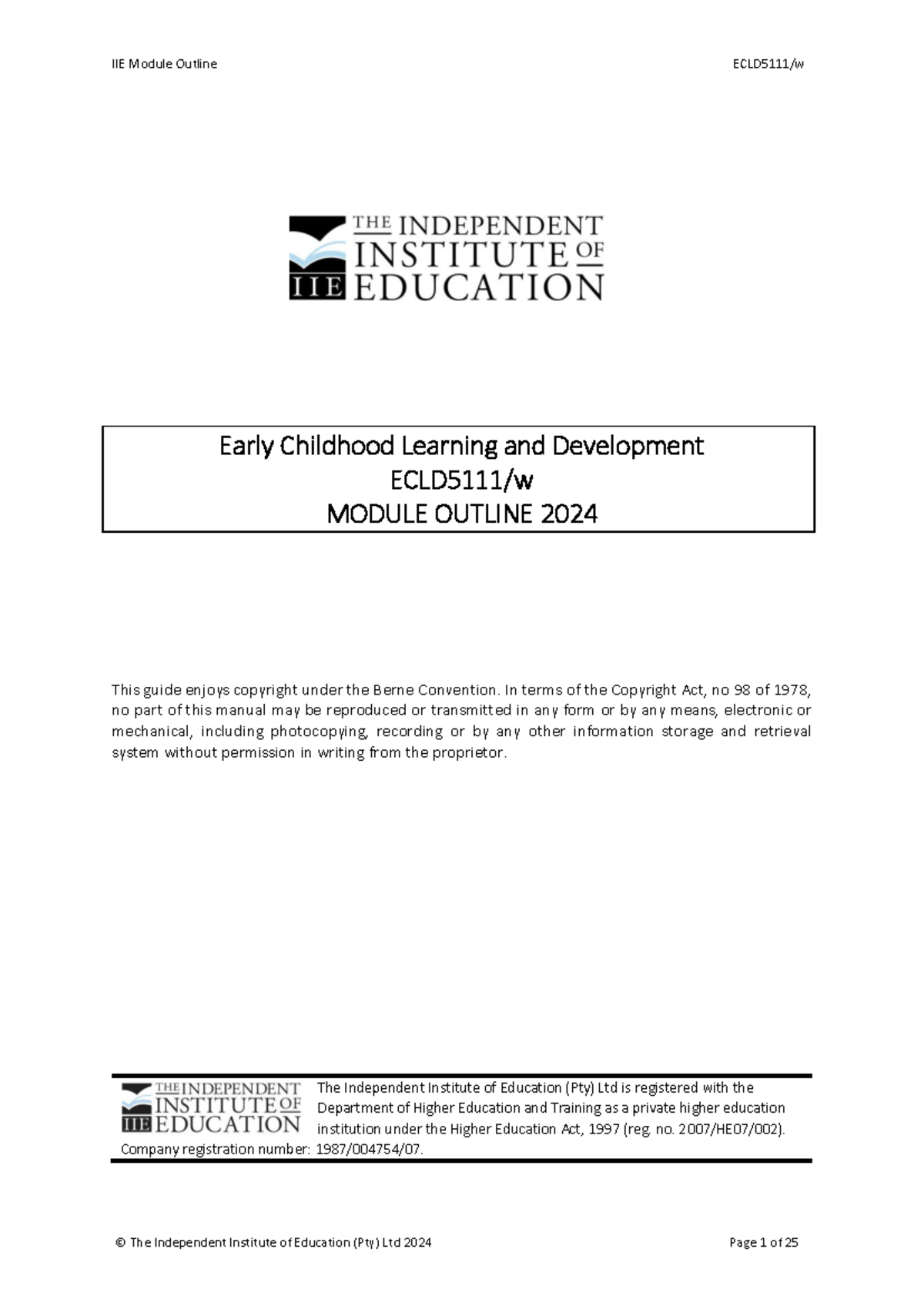 ECLD5111 MO - Very useful - Early Childhood Learning and Development ECLD5111/w MODULE OUTLINE ...