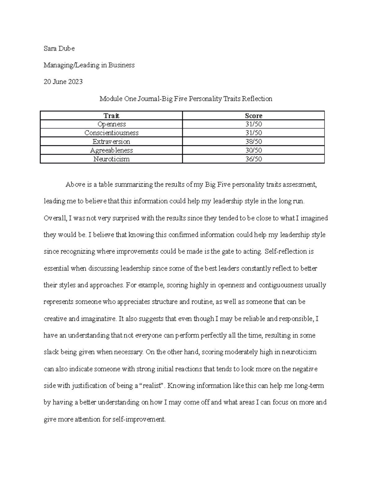 Journal 1 - Sara Dube Managing/Leading in Business 20 June 2023 Module ...