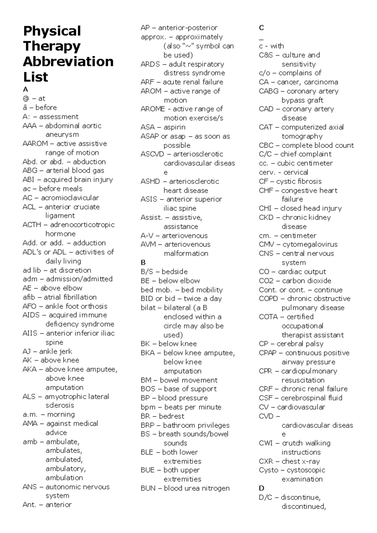 Physical Therapy Abbreviation List - Physical Therapy Abbreviation List ...