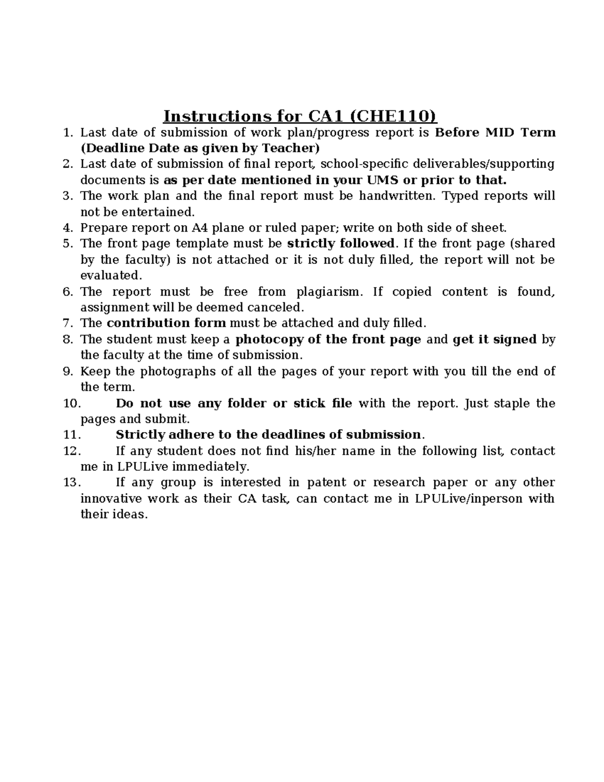 CA1 Assignment 1 - good - Instructions for CA1 (CHE110) 1. Last date of submission of work - Studocu