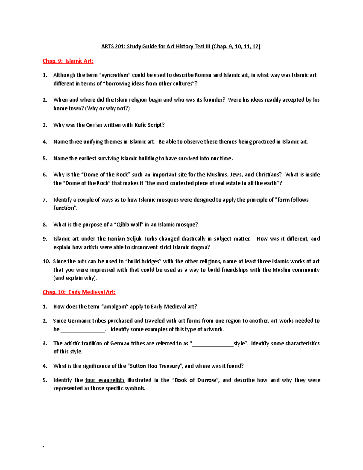 ARTS 201 F20 Study Guide Test III-1 - ARTS 201: Study Guide for Art ...