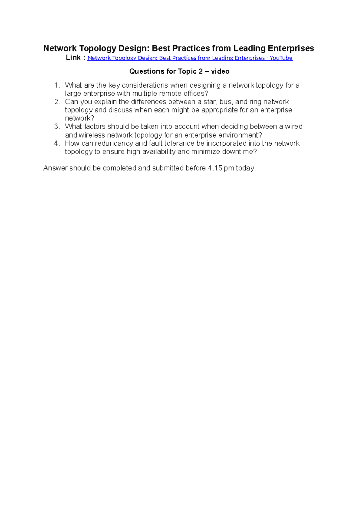 Questions for Topic 2 - ...... - Network Topology Design: Best ...