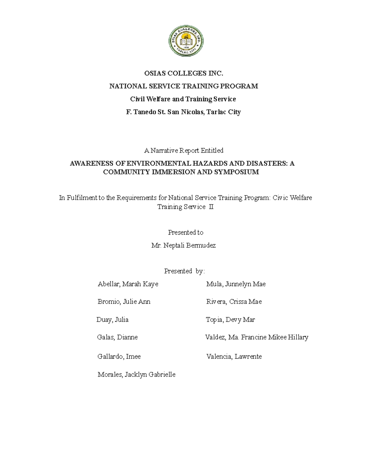 3 Narrative Report NSTP - OSIAS COLLEGES INC. NATIONAL SERVICE TRAINING ...