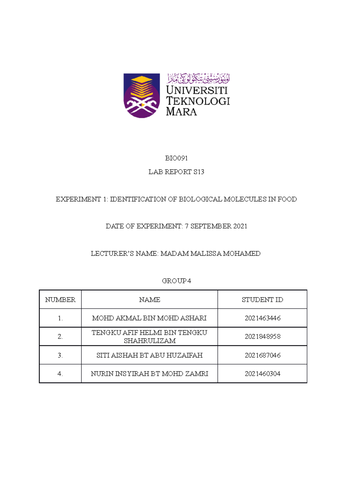 IDENTIFICATION OF BIOLOGICAL MOLECULES IN FOOD SAMPLES - BIO LAB REPORT ...