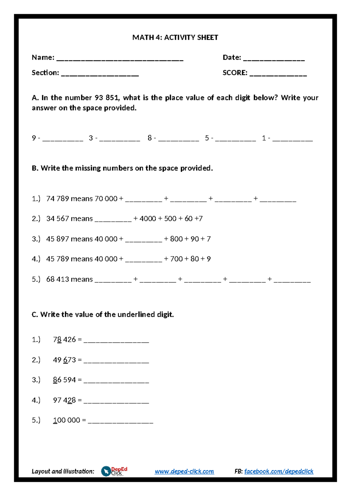 Grade 4 Activity Sheets Q1 Week 1 - MATH 4: ACTIVITY SHEET Name