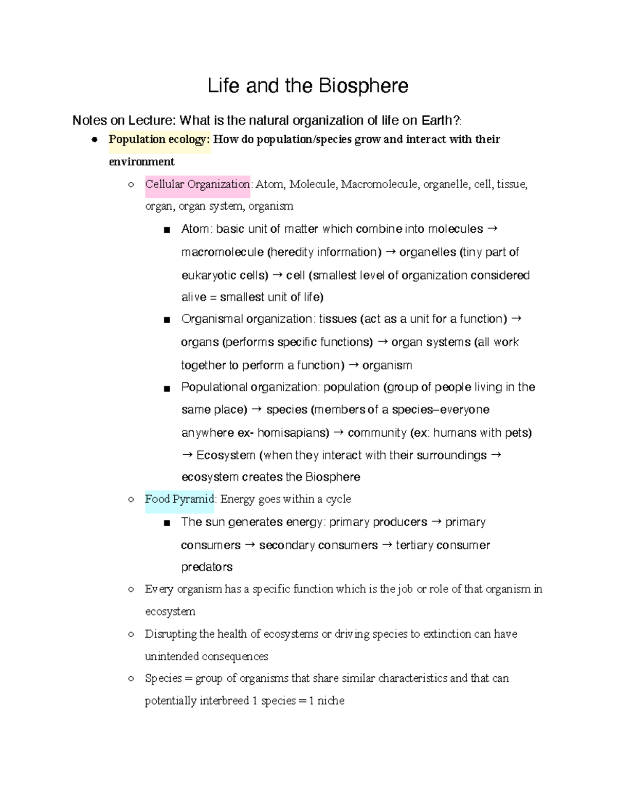 The Biosphere - Life and the Biosphere Notes on Lecture: What is the ...