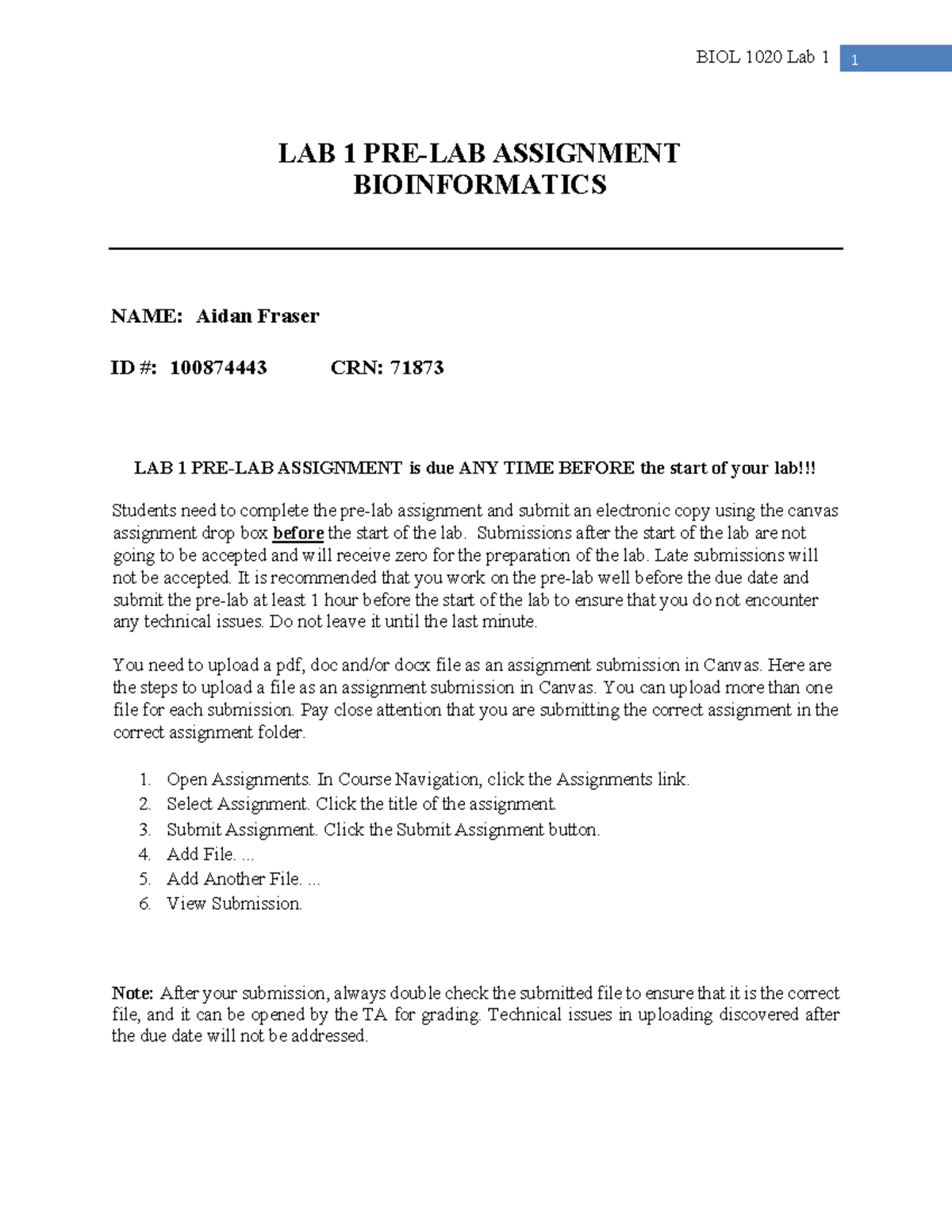 Lab 1 pre finished - rfdkfmffd - BIOL 1020 Lab 1 LAB 1 PRE-LAB ASSIGNMENT BIOINFORMATICS NAME ...