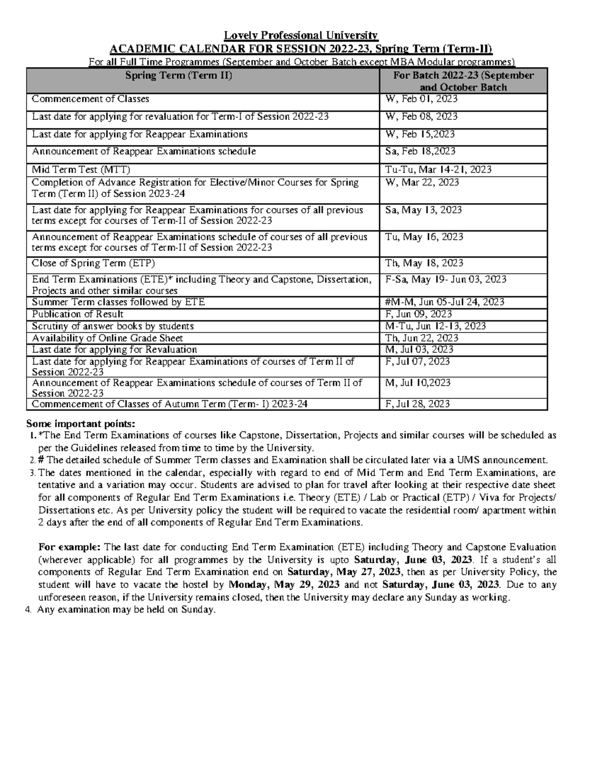 Academic Calendar for Full Time Programmes (September and October Batch) - Lovely Professional ...