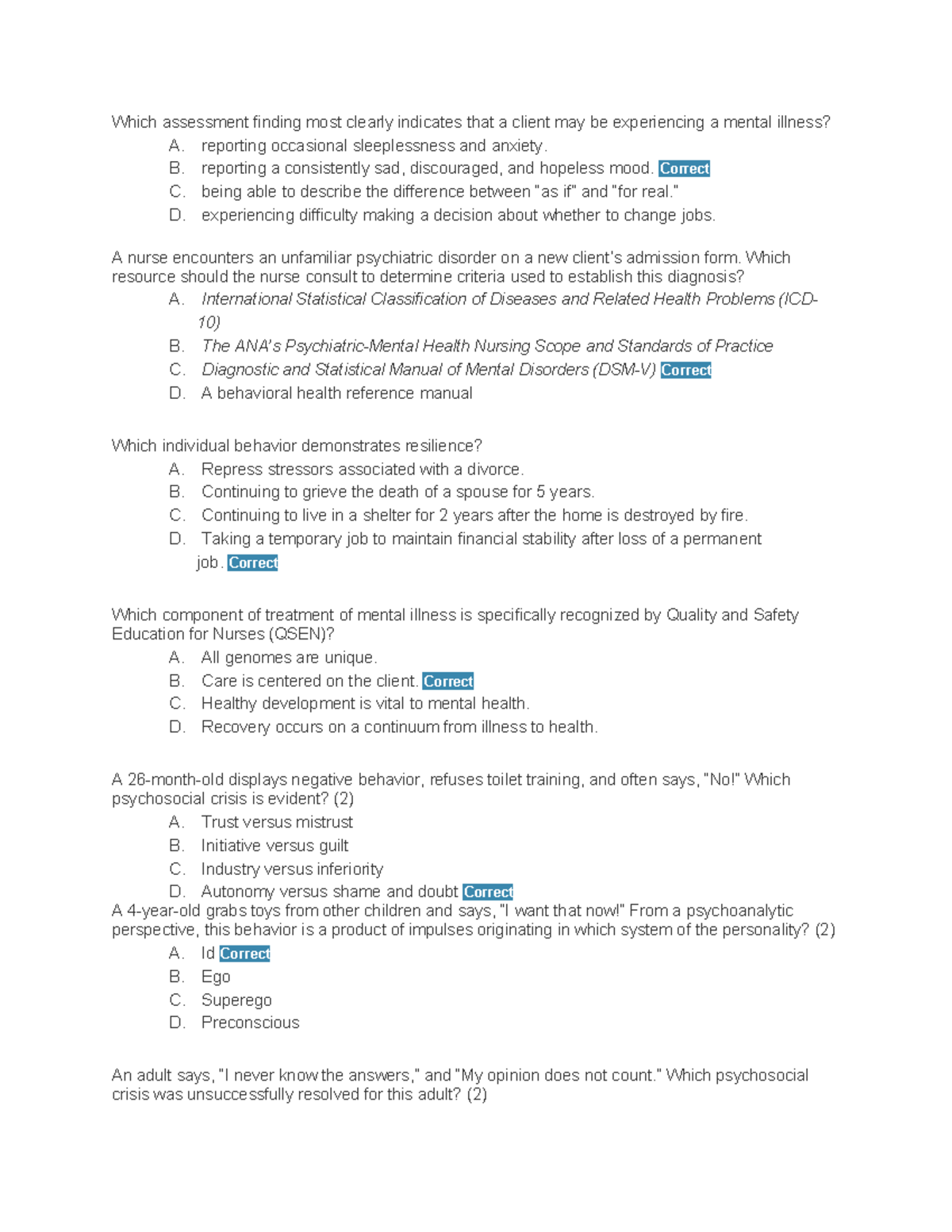 Mental Health Exam 1 enrichment questions - Which assessment finding ...