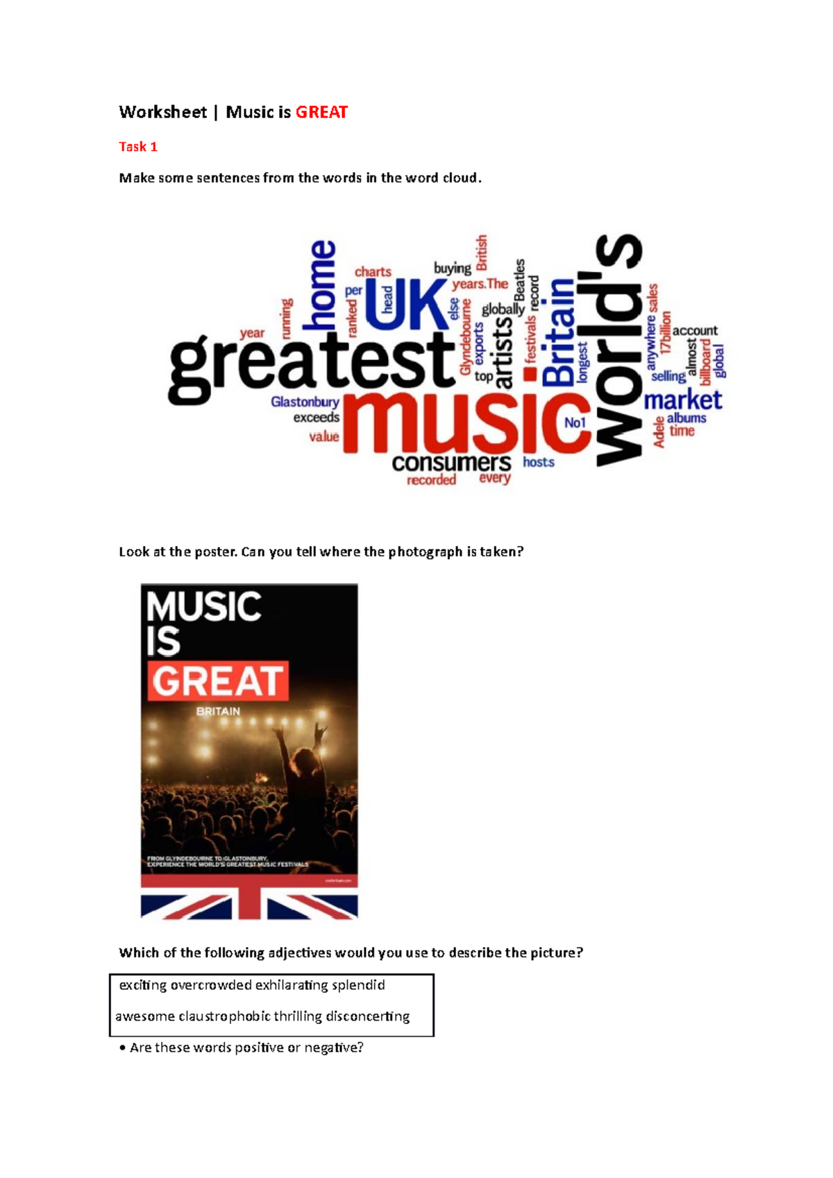 Music-Festivals Reading Compr - Worksheet | Music is GREAT Task 1 Make ...