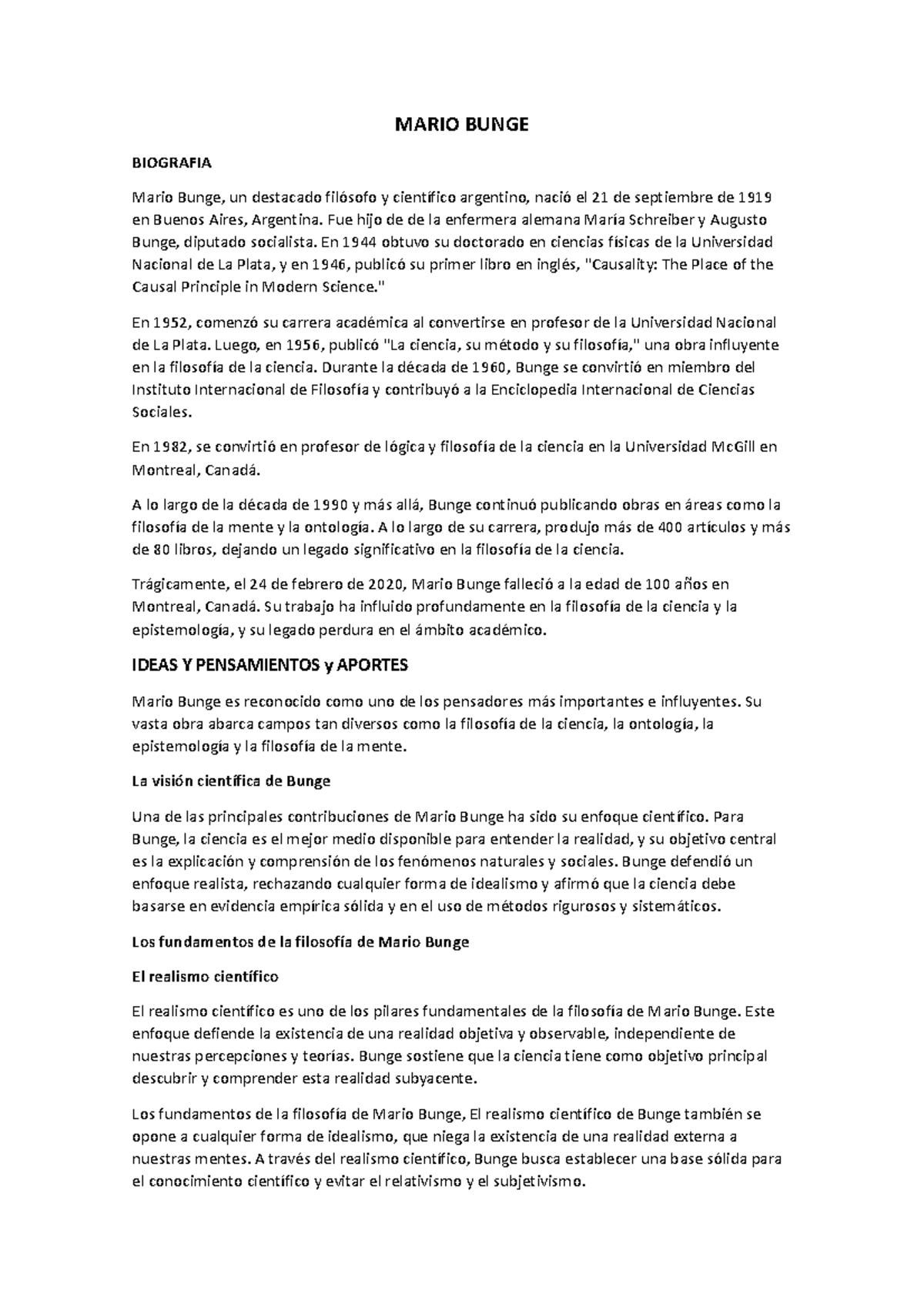 Mario Bunge Final - MARIO BUNGE BIOGRAFIA Mario Bunge, un destacado ...