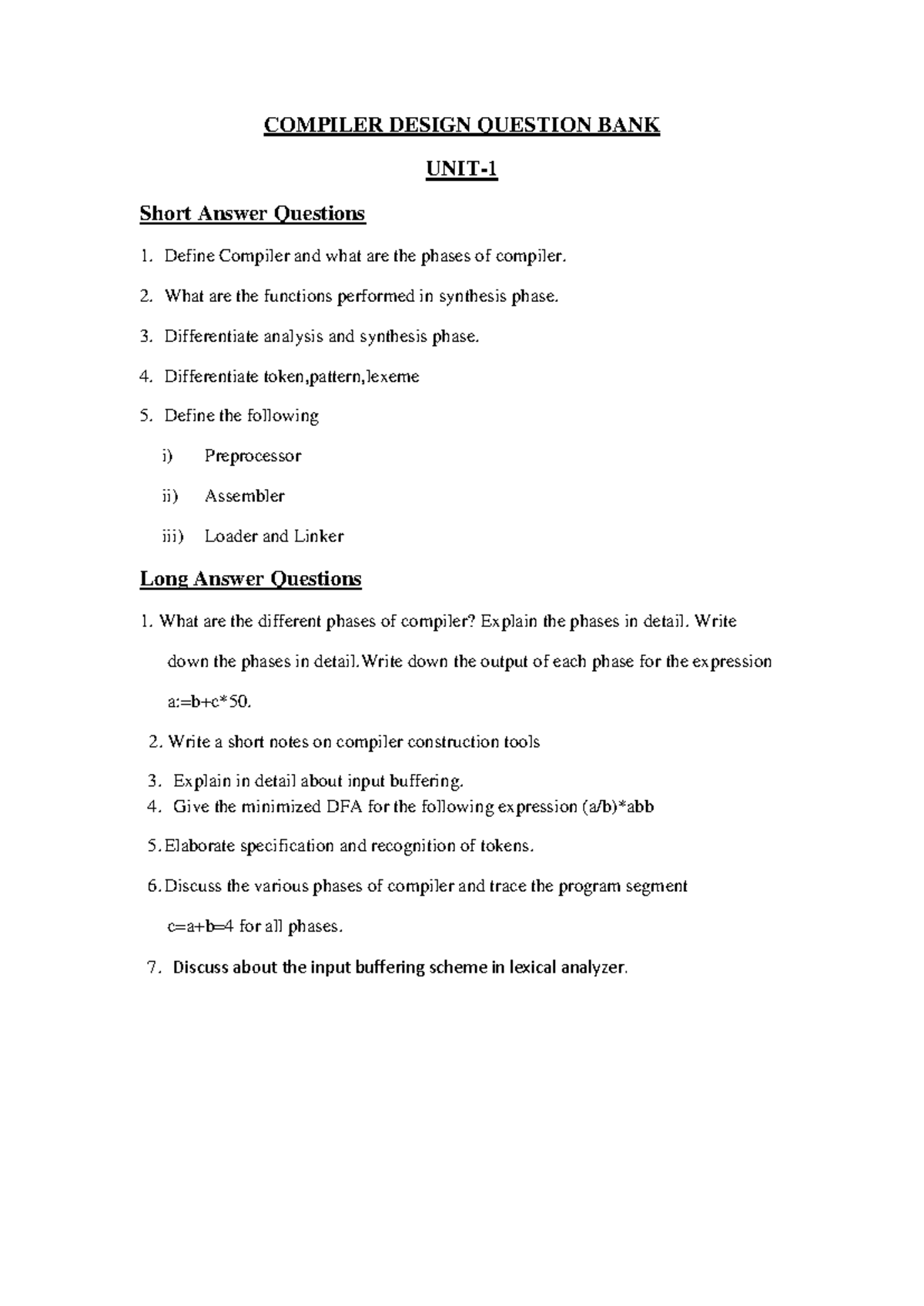 Compiler design - dfbdfs - COMPILER DESIGN QUESTION BANK UNIT- Short Answer Questions 1. Define ...