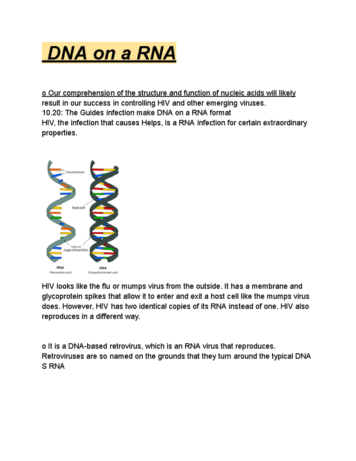 DNA on a RNA - lecuture notes from DNA on a RNA from the year 2022 ...