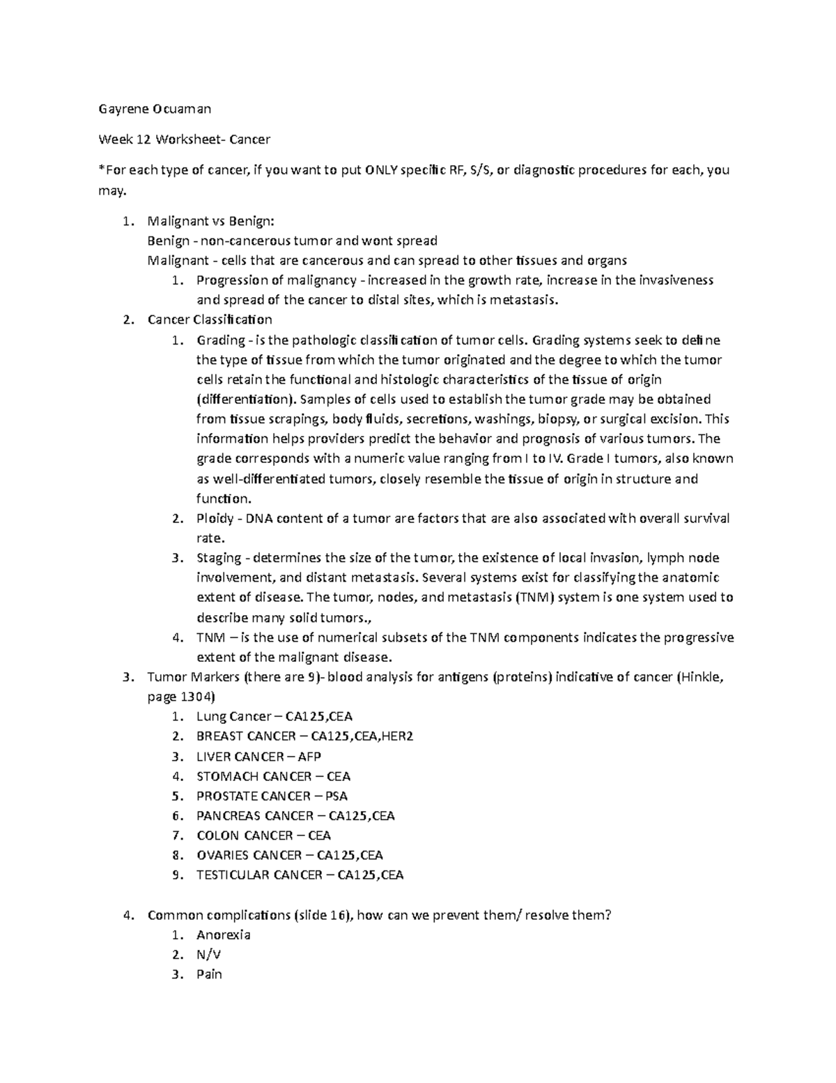 Week 12 Worksheet - Gayrene Ocuaman Week 12 Worksheet- Cancer *For each ...