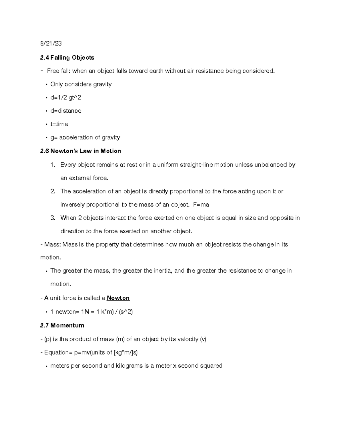 Chem lecture notes - 8/21/ 2 Falling Objects - Free fall: when an ...