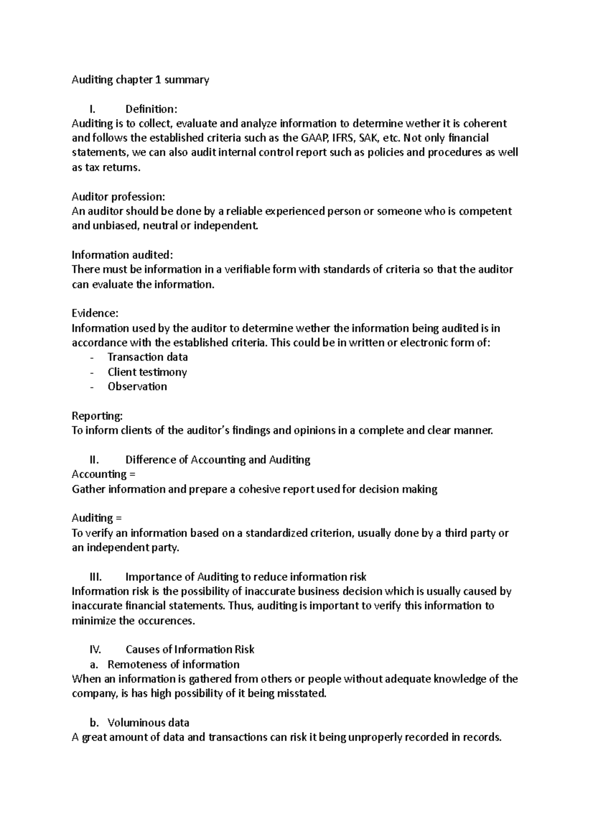 Auditing Ch 1 Summary Auditing Chapter 1 Summary I Definition Auditing Is To Collect