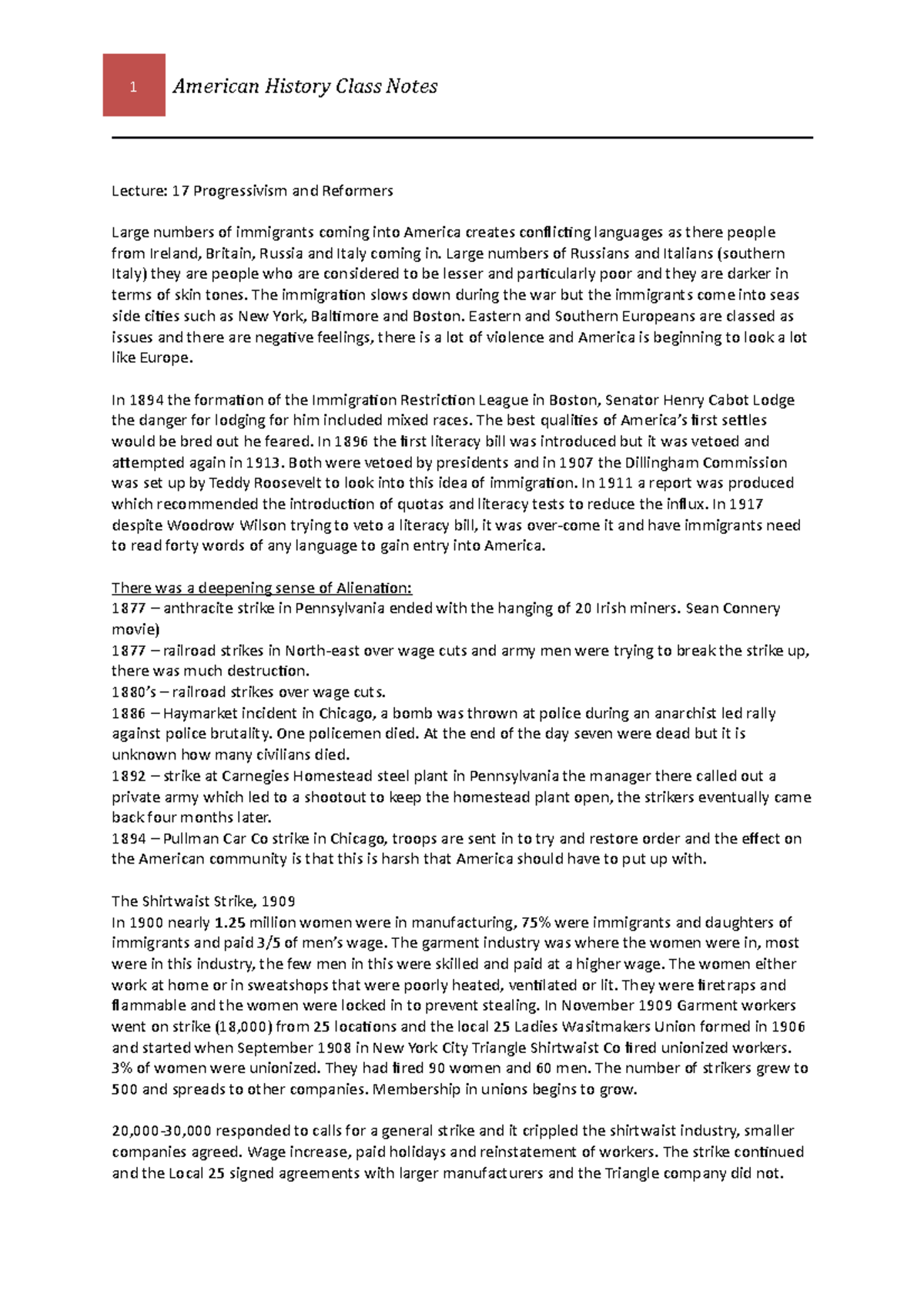 Lecture 17 - America and World War I - 1 American History Class Notes ...