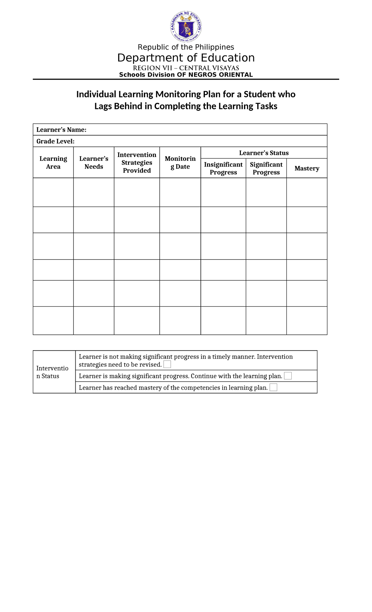 Individual Learning Monitoring PLAN Sample - Republic of the ...