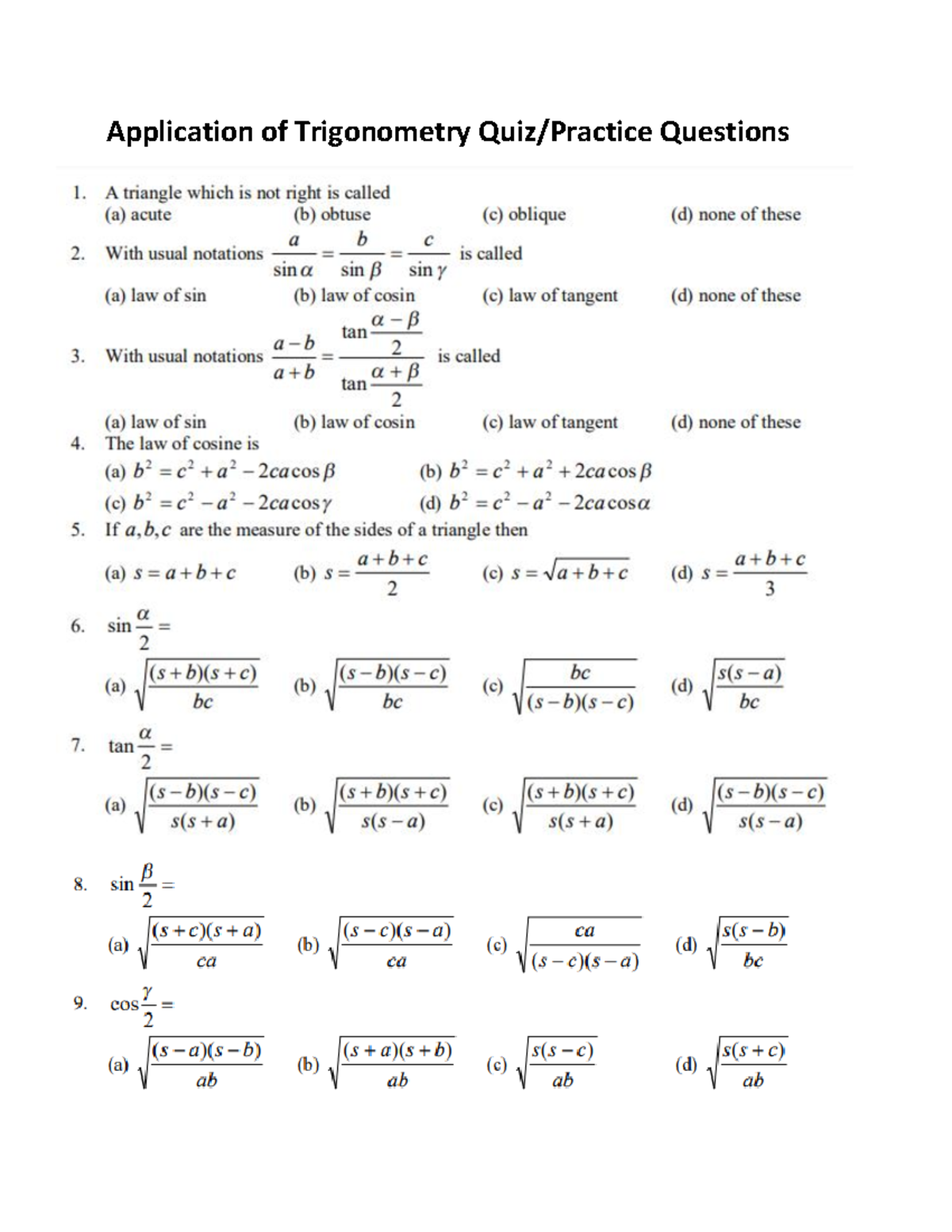 Application of Trigonometry Quiz Practice Questions Mathematics ...