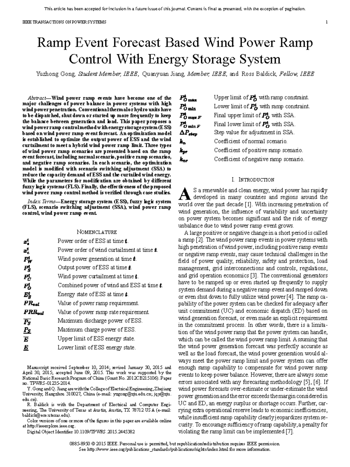 Ramp Event Forecast Based Wind Power Ramp - IEEE TRANSACTIONS ON POWER SYSTEMS 1 Ramp Event ...