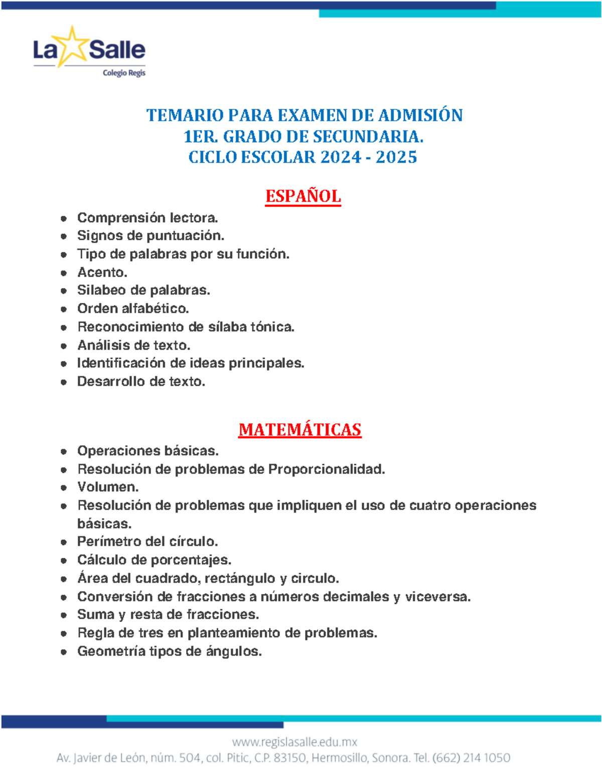 Temario-1ER- Grado-2024-2025 - TEMARIO PARA EXAMEN DE ADMISIÓN 1ER ...