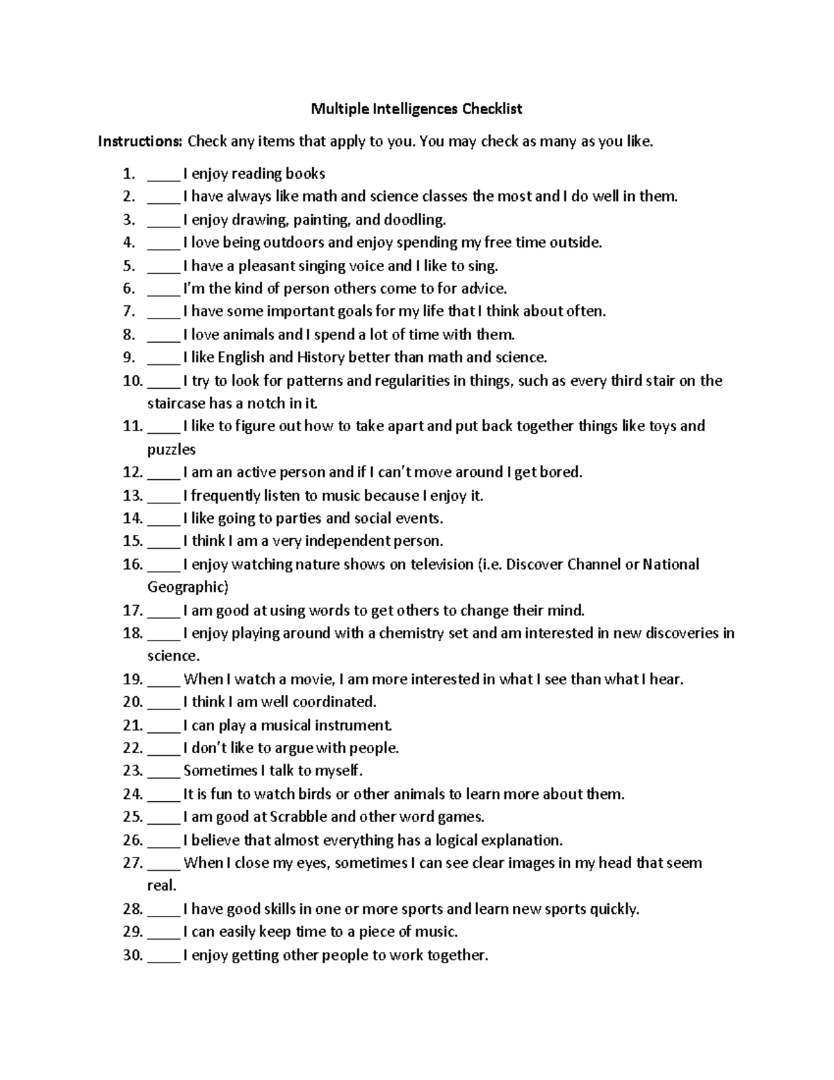 Multiple-intelligence-test - Multiple Intelligences Checklist ...
