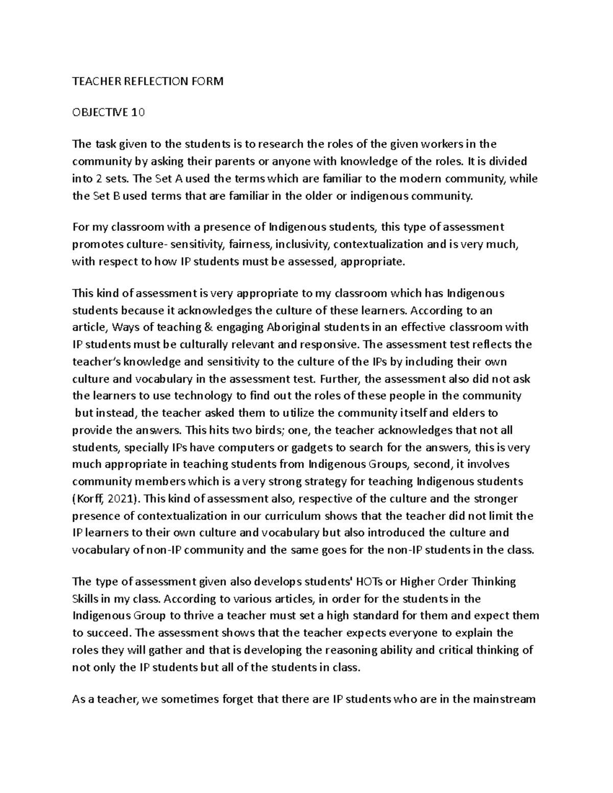 TRF10 - thank you - TEACHER REFLECTION FORM OBJECTIVE 10 The task given ...