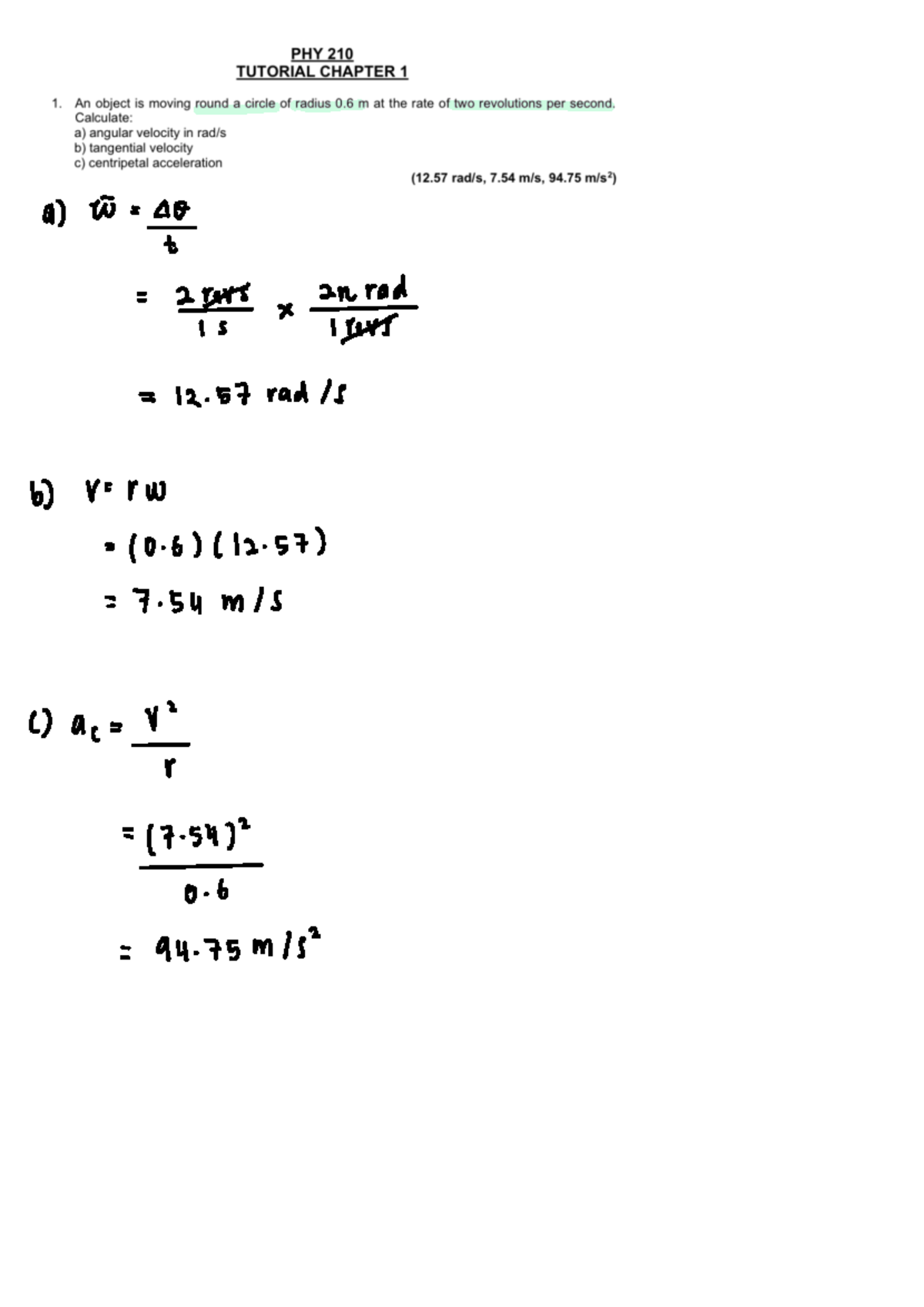Tutorial 1 PHY210 - ——— - Applied Science - Studocu