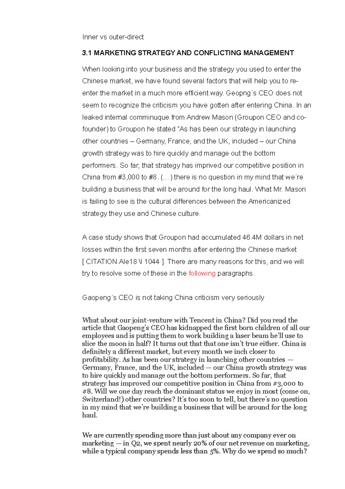 CCM - inner vs outer directed - MRK3550 - BI - Studocu