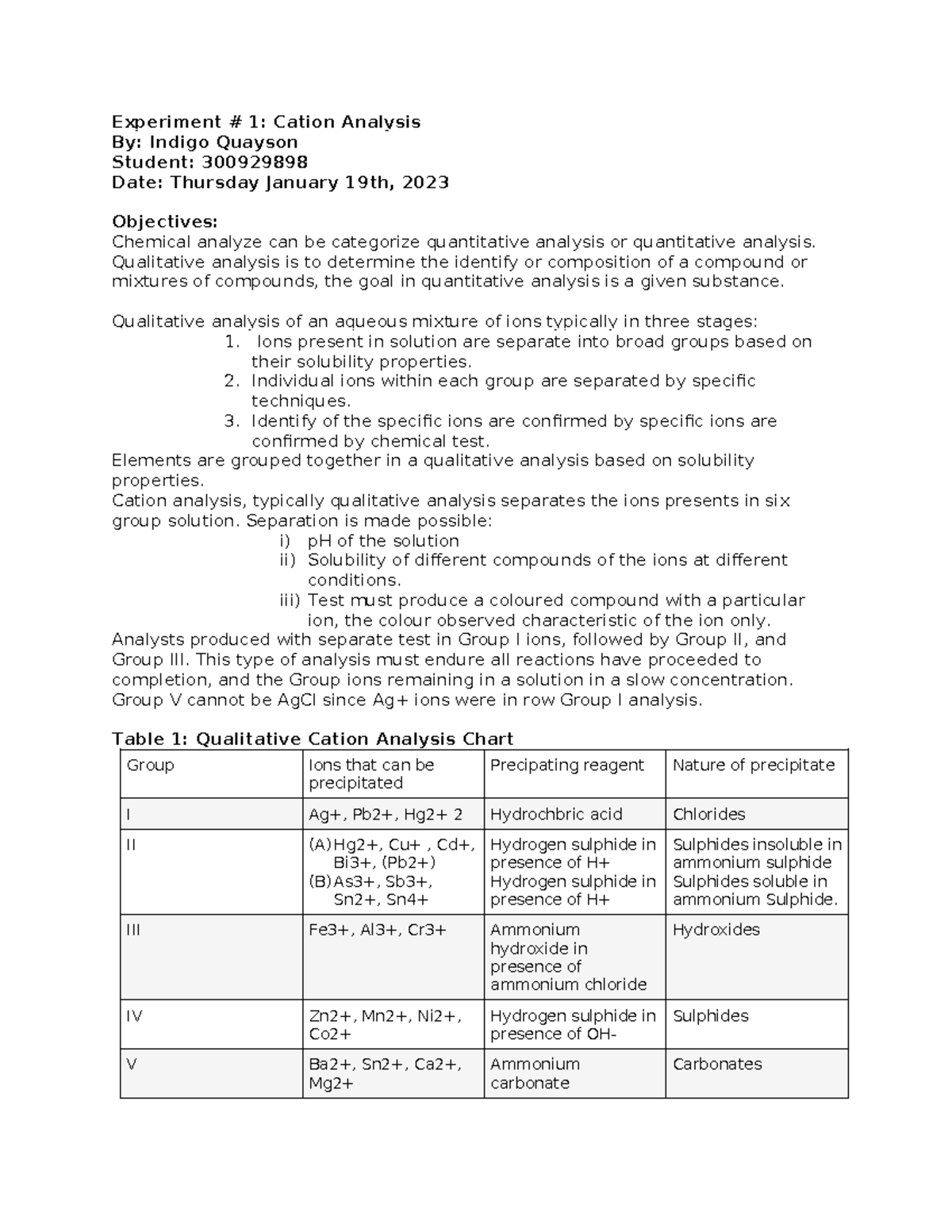 Experient 1 Cation Analysis Word - Experiment # 1: Cation Analysis By: Indigo Quayson Student ...