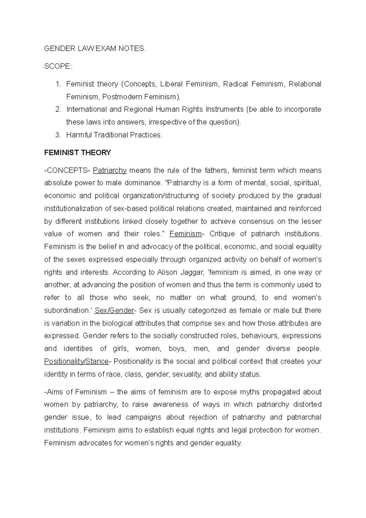 GEN MY Notes - GENDER LAW EXAM NOTES. SCOPE: Feminist theory (Concepts ...