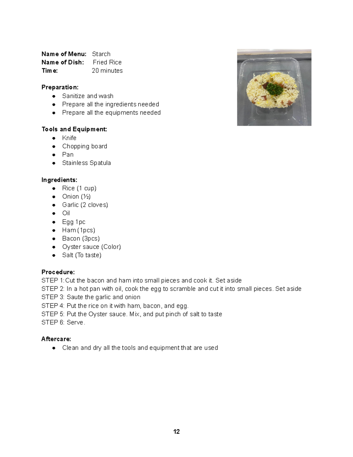 Starch and appetizer - PROJECT PLAN IN NC2 - Name of Menu: Starch Name ...
