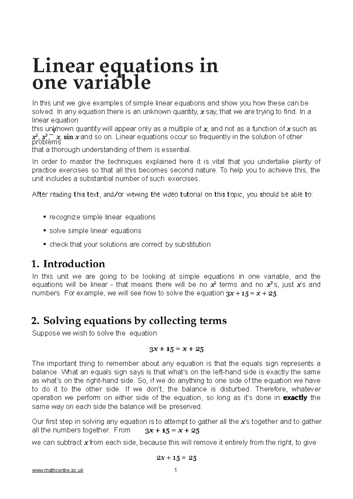 LInear Equations One Variable Examples And Exercises Linear Equations
