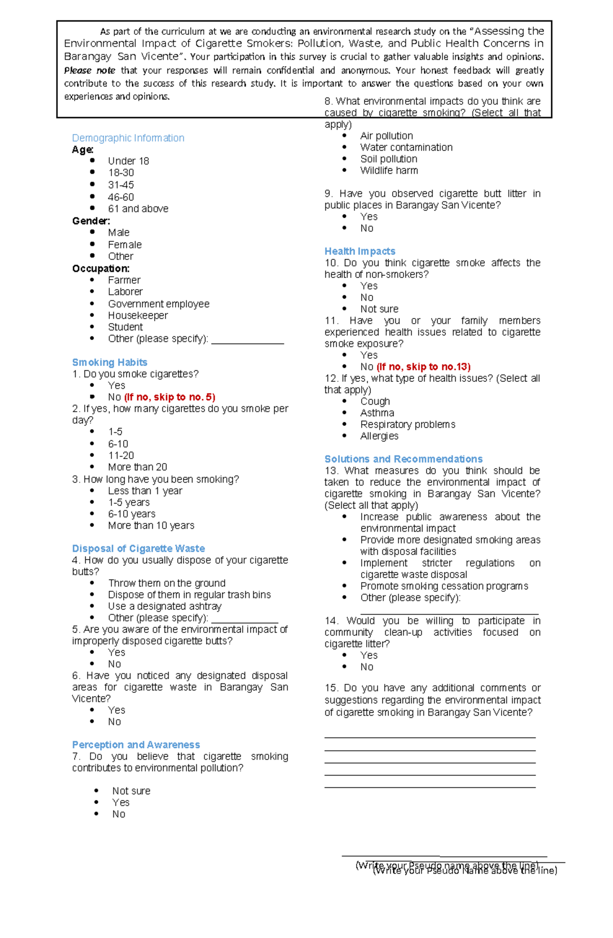Questionnaire - As part of the curriculum at we are conducting an ...