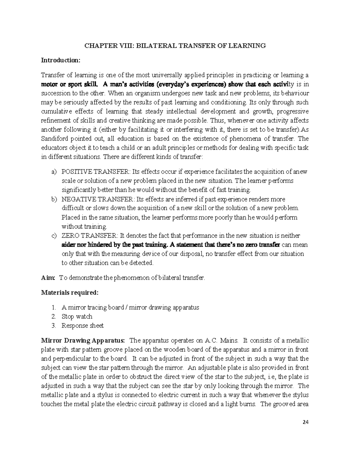 Bilateral Tranfer of learning Experiment - 24 CHAPTER VIII: BILATERAL ...