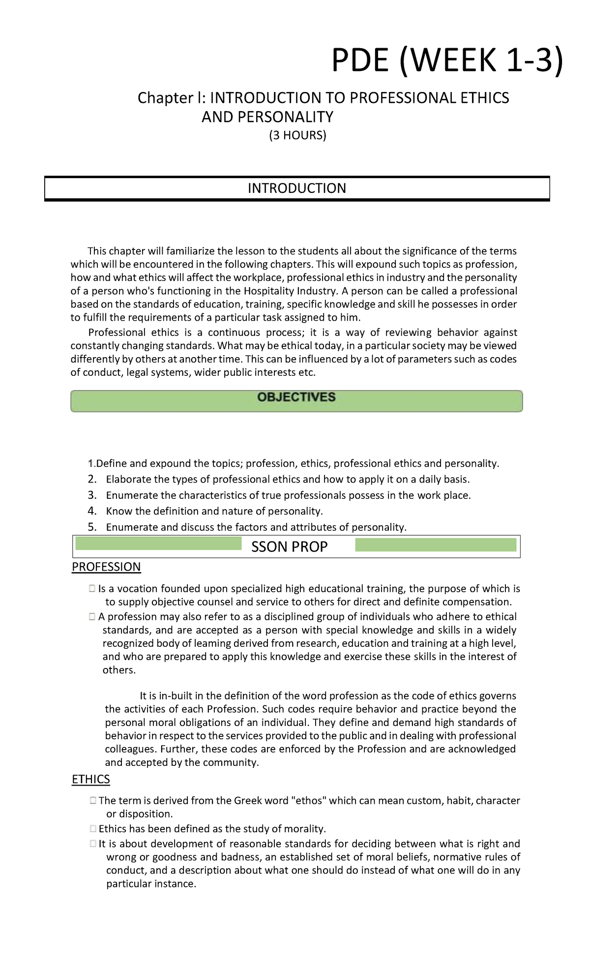 Pde1-3 - PDE (WEEK 1-3) Chapter l: INTRODUCTION TO PROFESSIONAL ETHICS ...