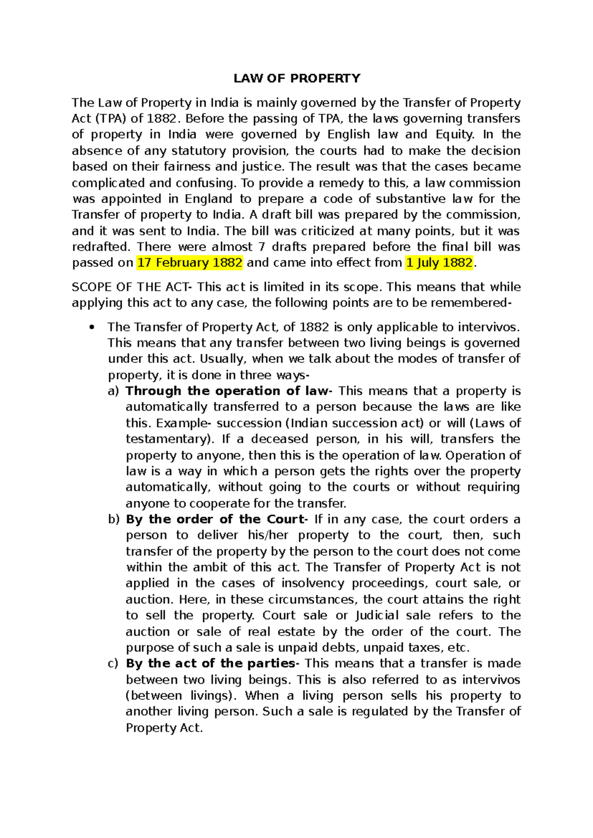 LAW OF Property notes - LAW OF PROPERTY The Law of Property in India is ...