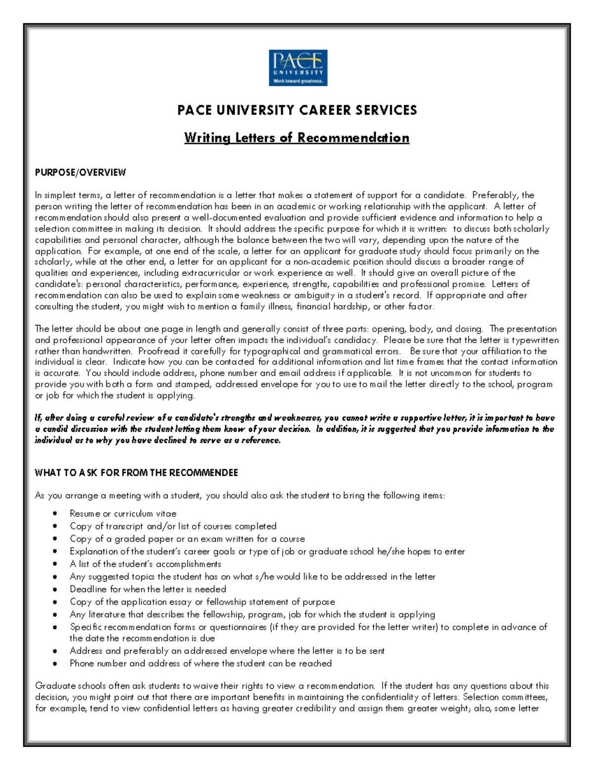 Writing Lettersof Recommendation - PACE UNIVERSITY CAREER SERVICES ...