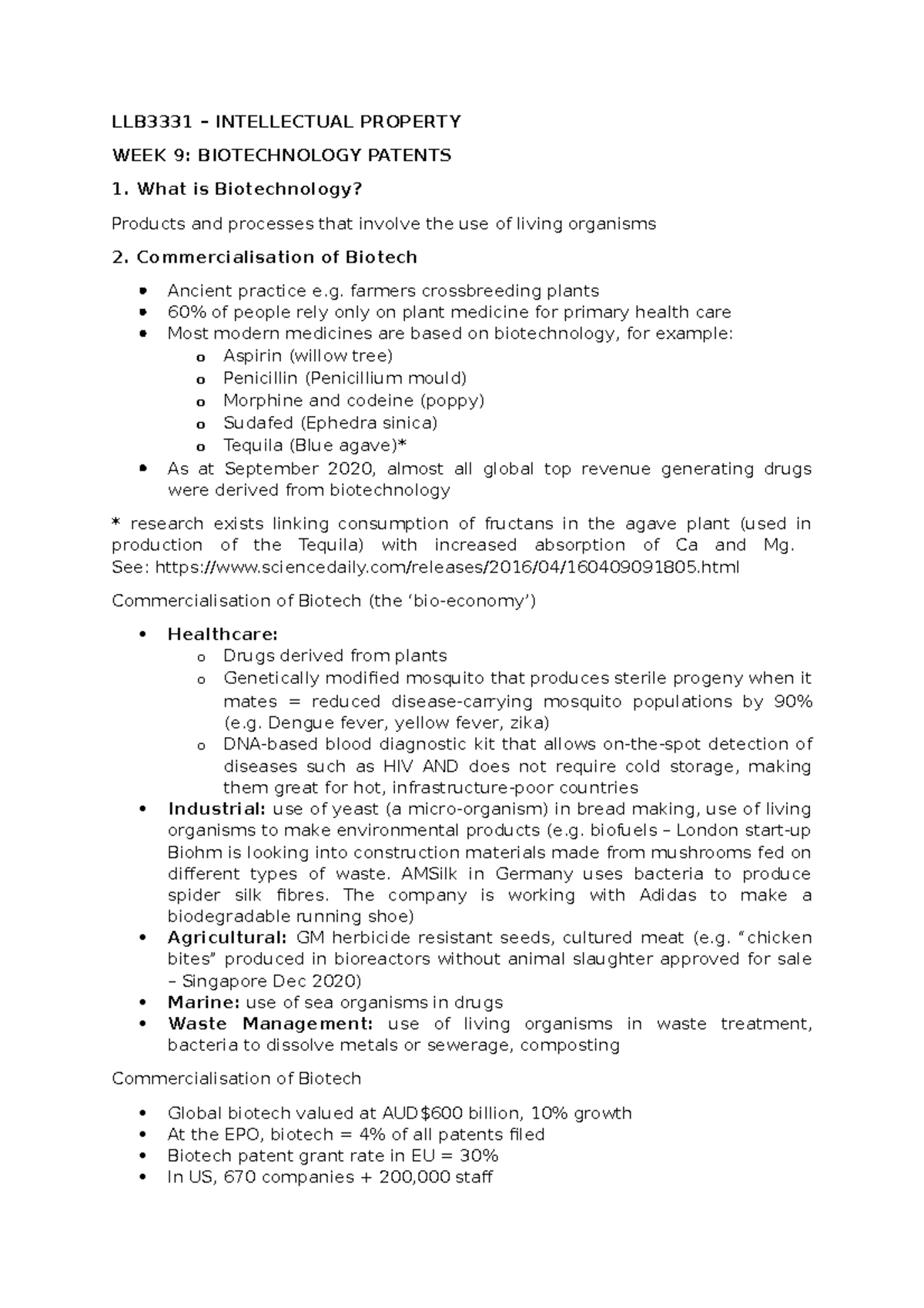 Week 9 - Biotechnology - LLB3331 – INTELLECTUAL PROPERTY WEEK 9 ...