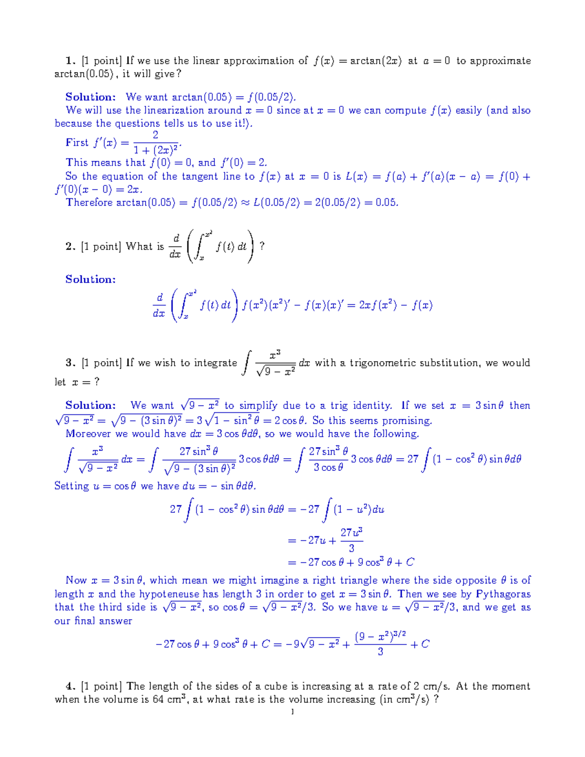 Calc Sample Midterm 2016 A [1 Point] If We Use The Linear Approximation Of F X Arctan 2x