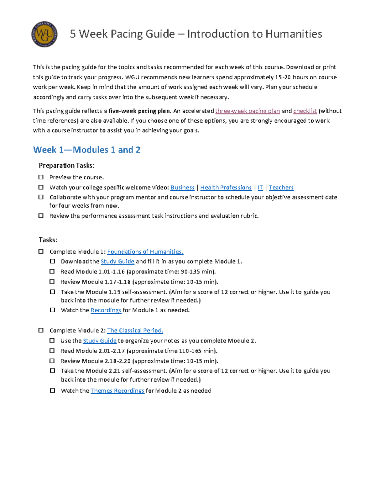 Humanities guide p1 elaboration of topics and chapters - 5 Week Pacing ...