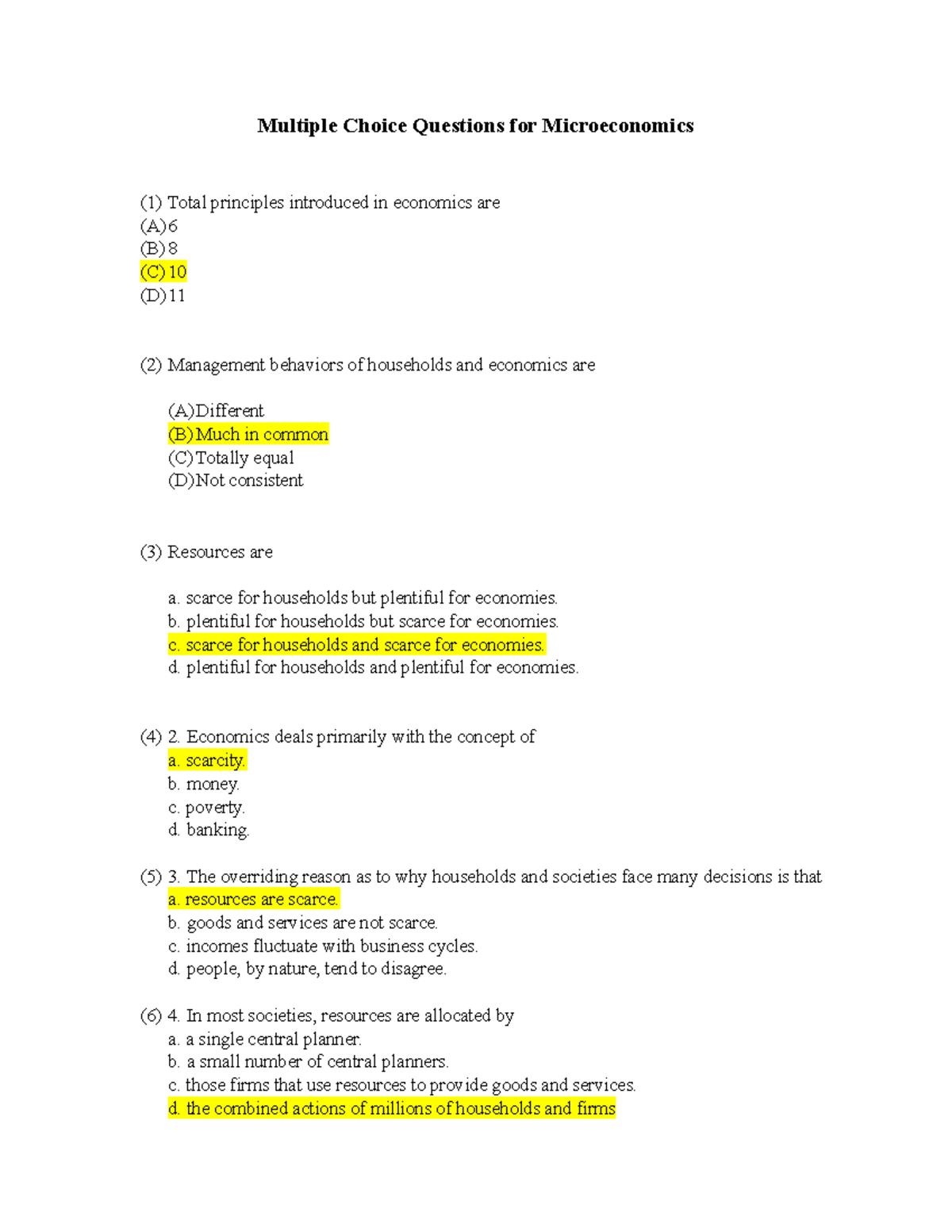 Multiple Choice Questions For Microeconomics - scarce for households but plentiful for economies ...