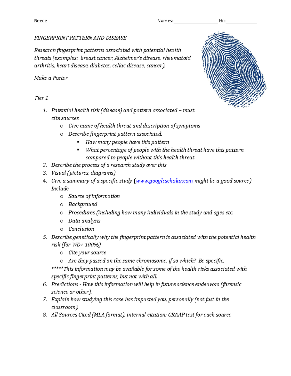 Fingerprint Patterns AND Disease Project Tiered copy - Reece Names ...