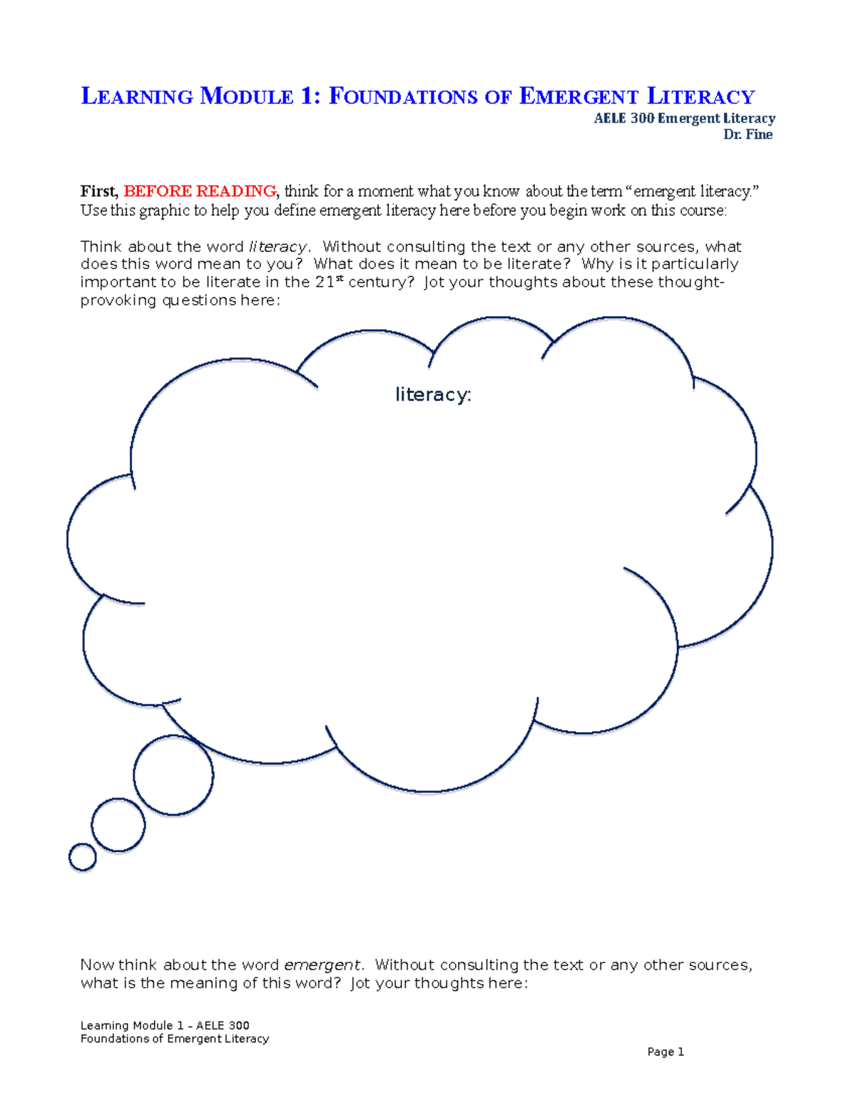 Ch. 1 Foundations of Emergent Literacy Reading Guide - LEARNING MODULE ...