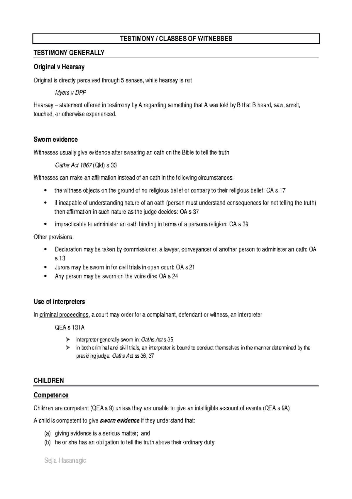 Evidence notes - TESTIMONY / CLASSES OF WITNESSES TESTIMONY GENERALLY ...