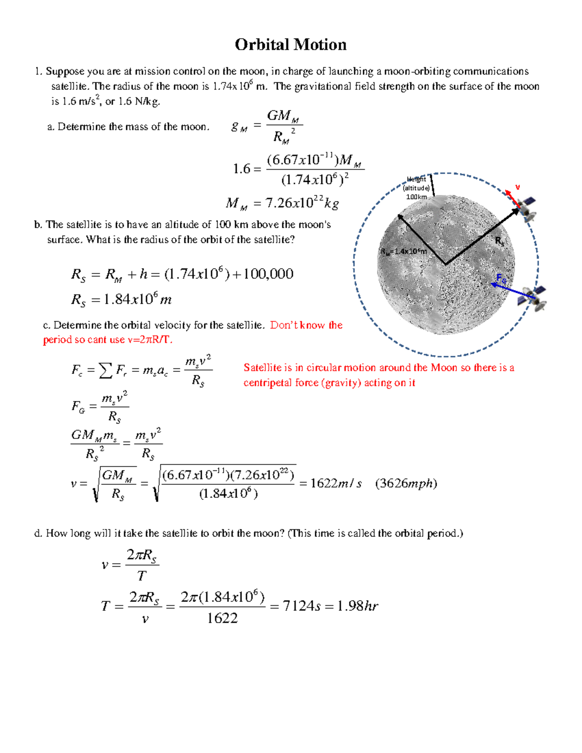 HW5.5 Orbital Motion WS 1- Solns - Height (altitude) 100km RM=1 6 m v ...