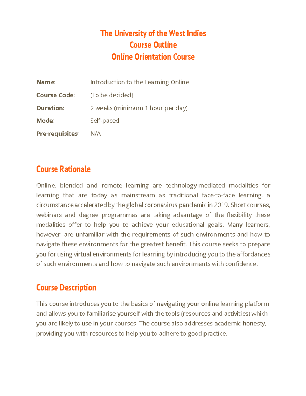 Course Outline - Student Orientation course - Introduction to Learning ...