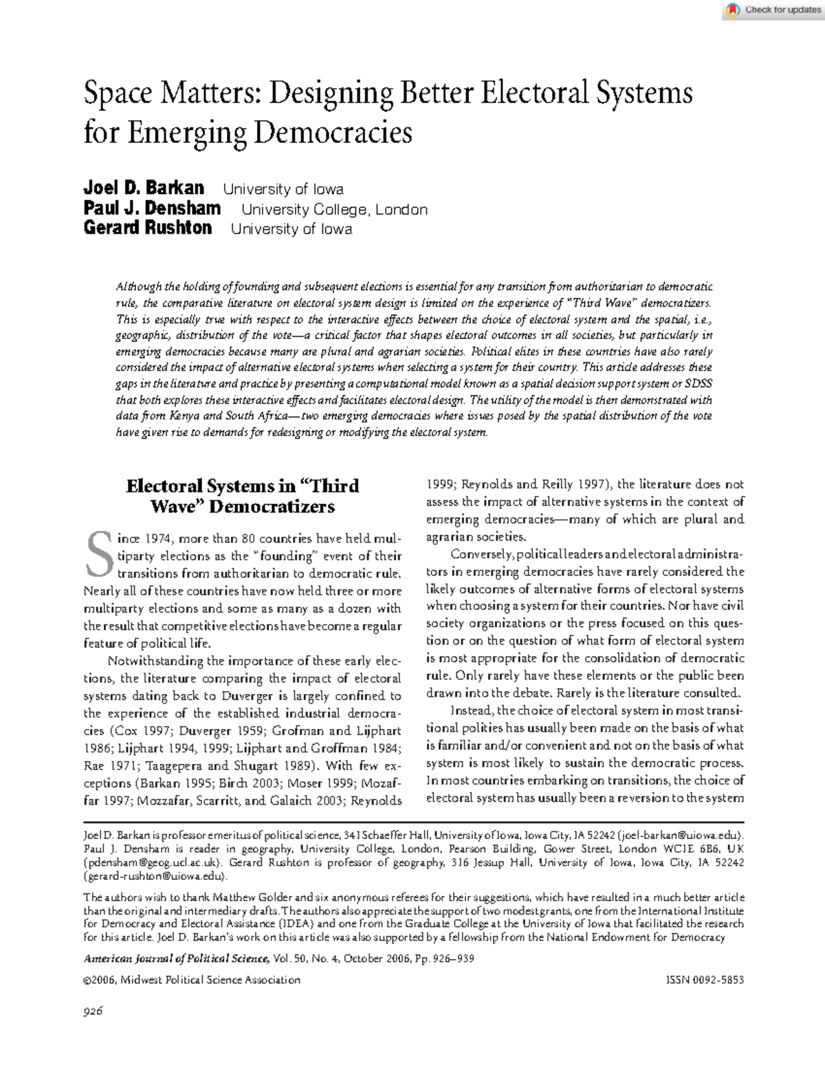 Barkan et al. 2006 - Space Matters. Designing Better Electoral Systems for Emerging Democracies ...