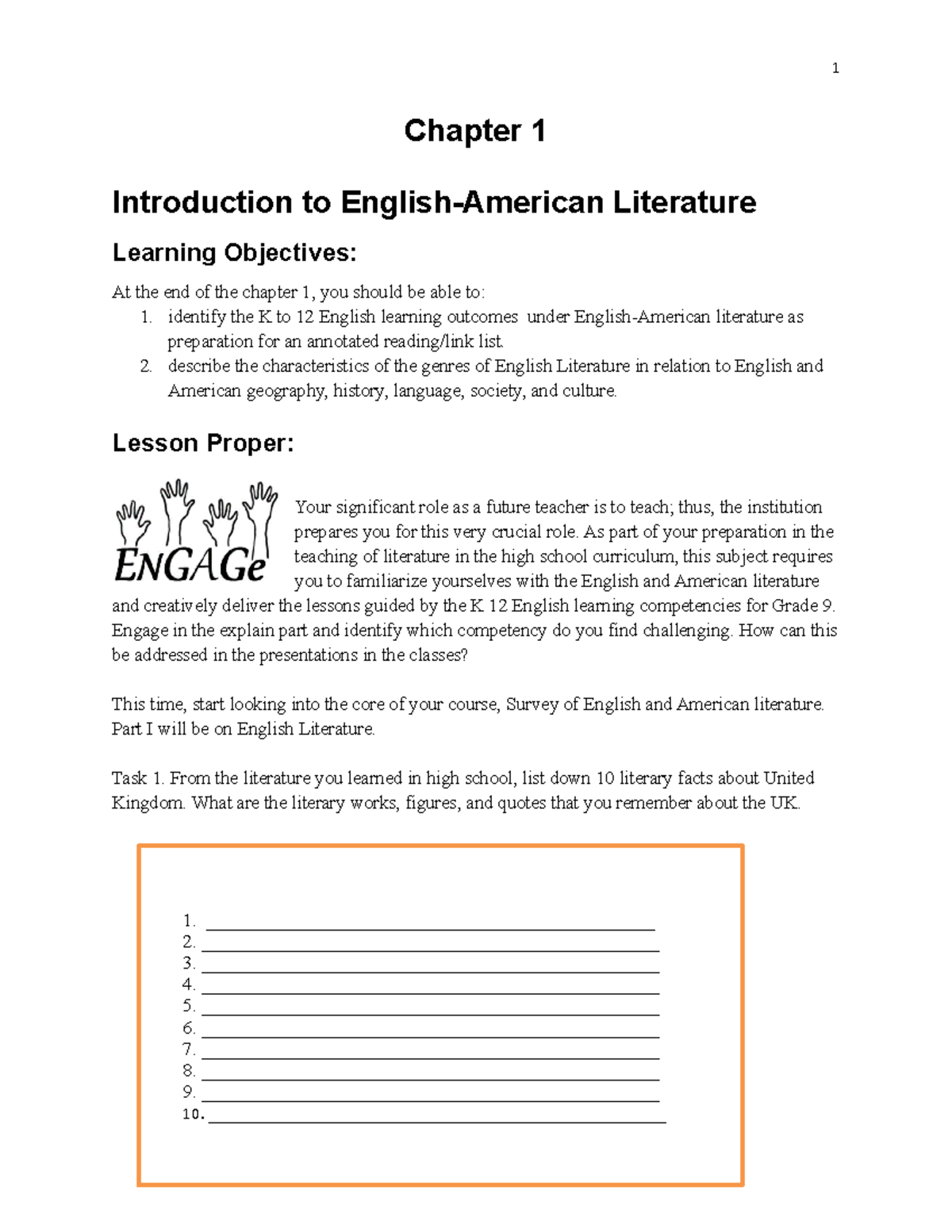 LTE 114 Module 1 - Introduction to English-American Literature ...