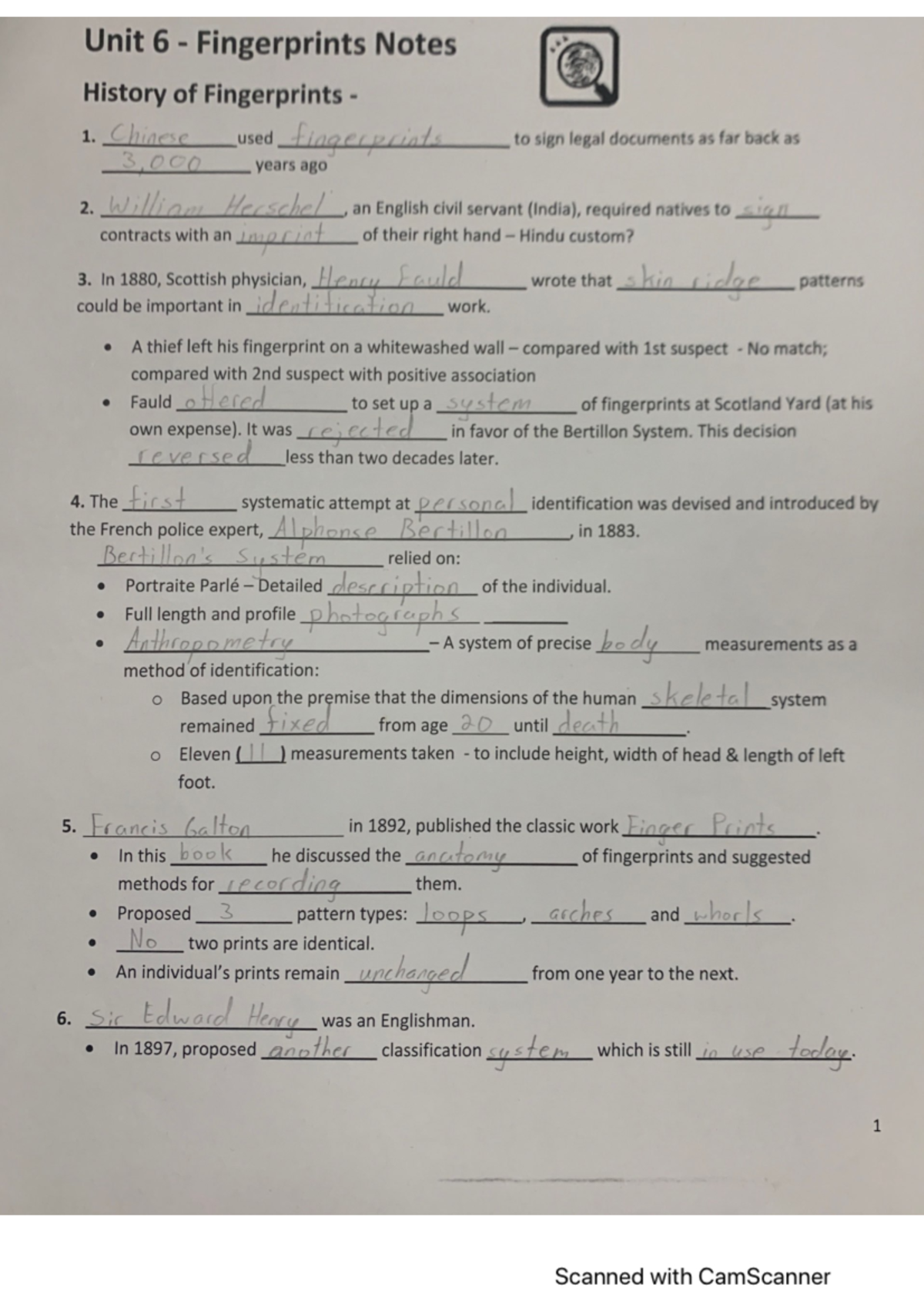 Unit 6 - Fingerprints Notes - FOR 201A - Studocu